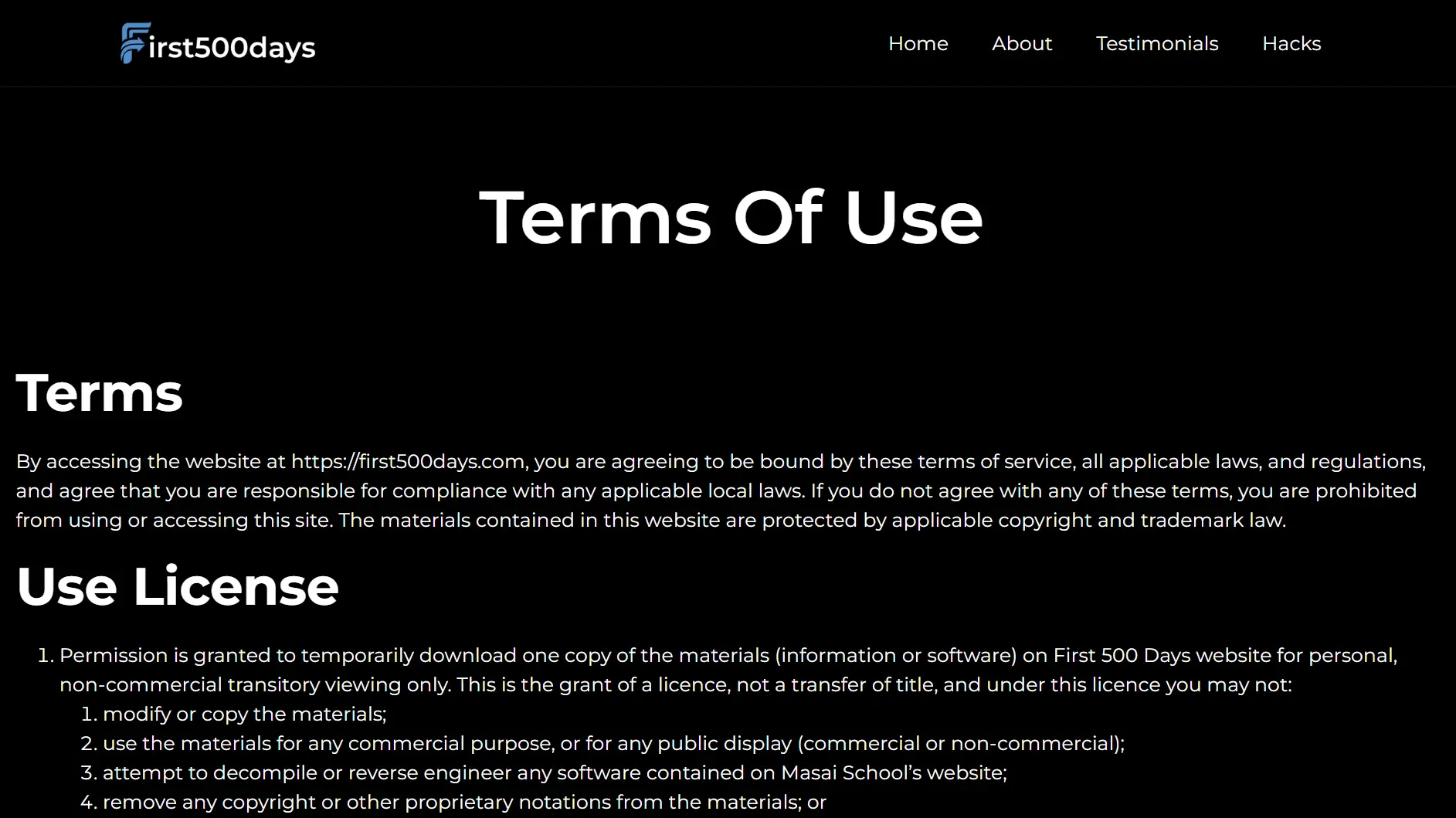 Terms of Use | First500days: Your Partner in Turning Your Ideas into ...